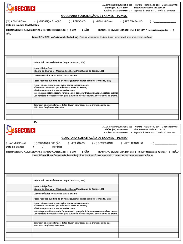 MODELO - GUIA PARA SOLICITAÇÃO DE EXAMES - PCMSO - Seconci - Copia ...