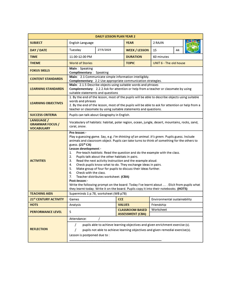 Daily Lesson Plan Year 2R | PDF | Lesson Plan | Teachers
