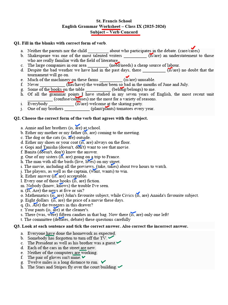 Class IX Subject-Verb Concord Worksheet | PDF | Linguistics