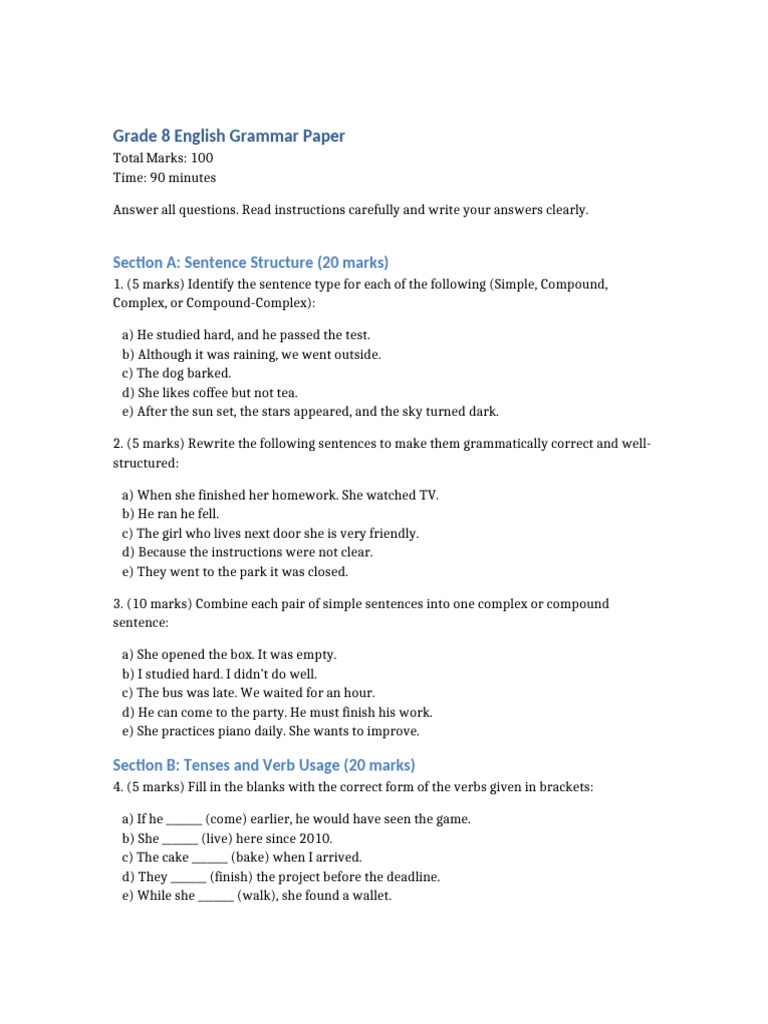 Grade 8 English Grammar Assessment | PDF | Grammar | Linguistics
