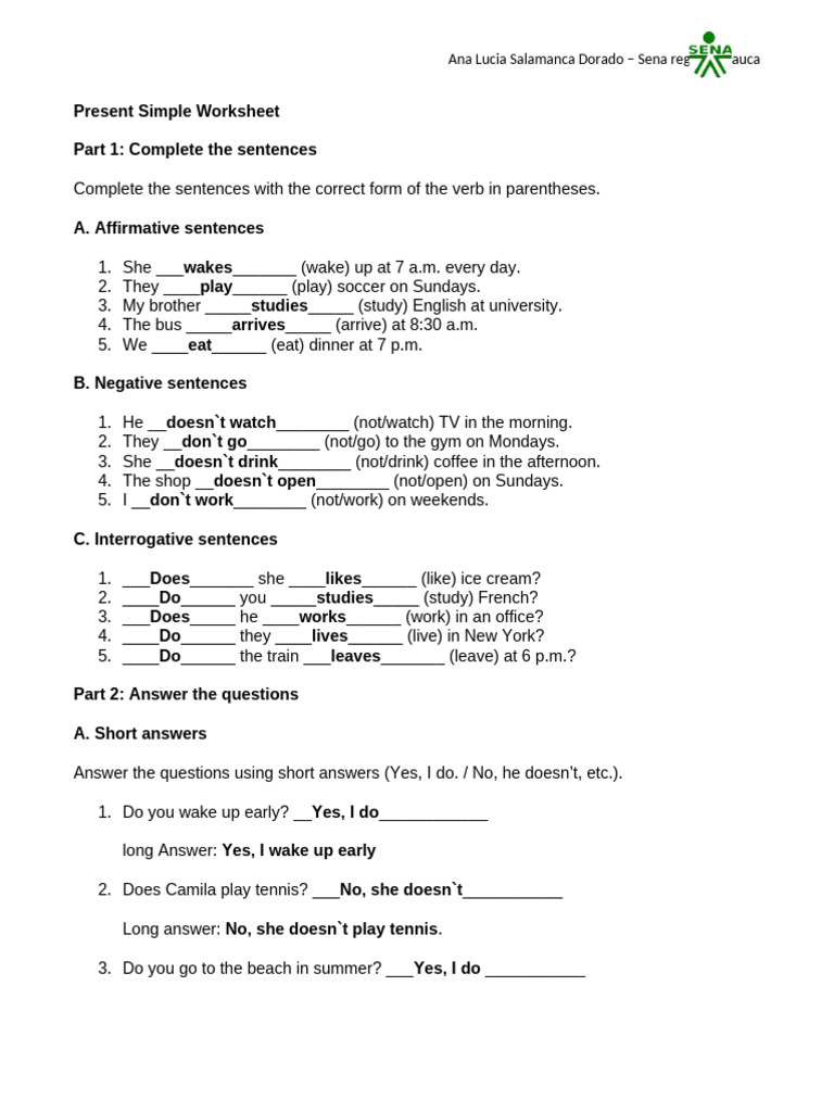 Present Simple Worksheet - STUDENTS | PDF