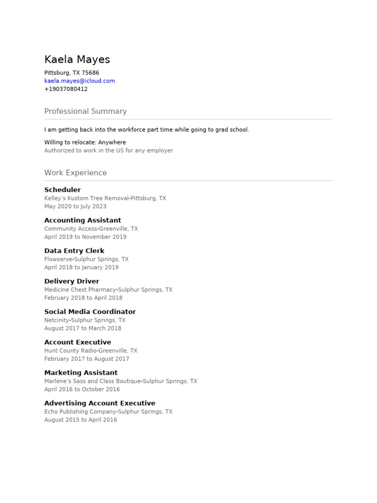 Kaela Mayes: Professional Summary | PDF