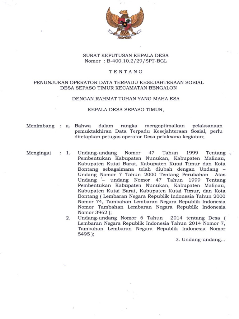 SK Pengusulan Operator Desa Sepaso Timur | PDF