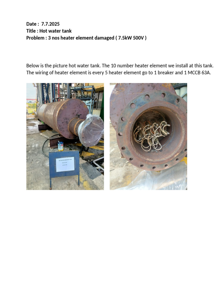 Failure Report Heater Element Damaged at Hot Water Tank - 07072025 | PDF