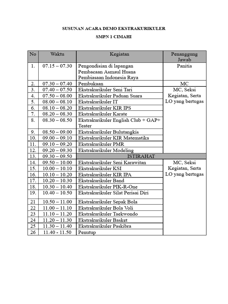 Susunan Acara Demo Ekstrakurikuler | PDF