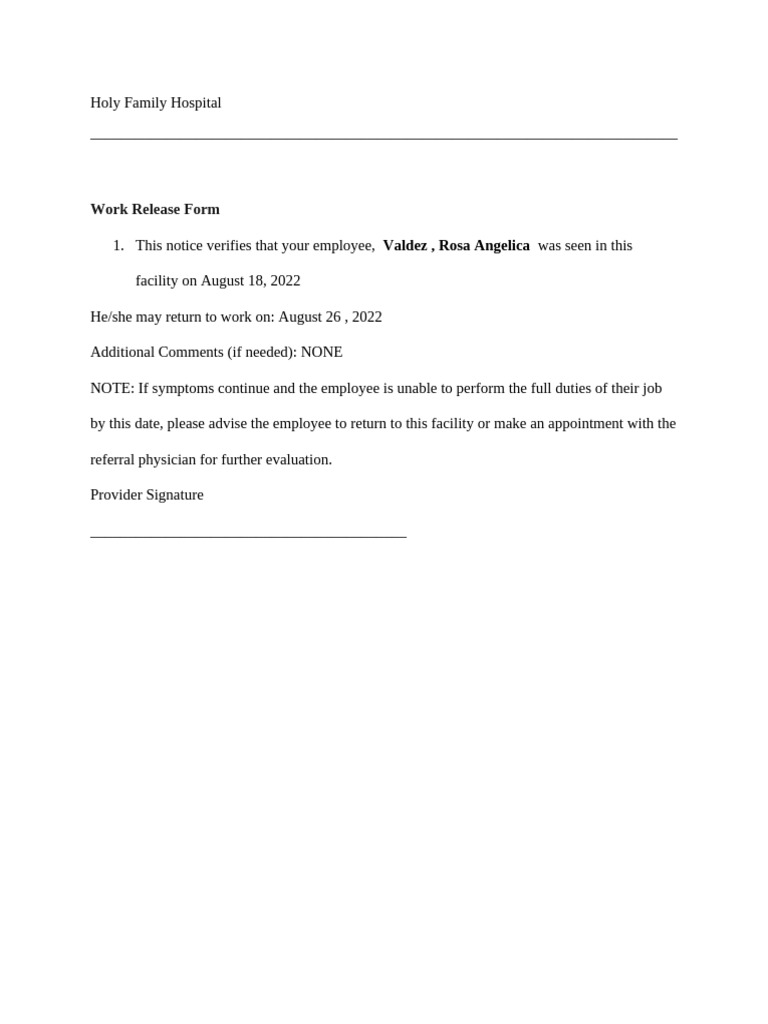 Work Release Form for Rosa Valdez | PDF