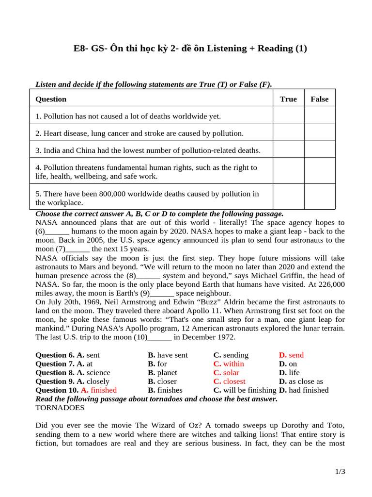 Listening and Reading Exam Review | PDF | Tornadoes | Moon