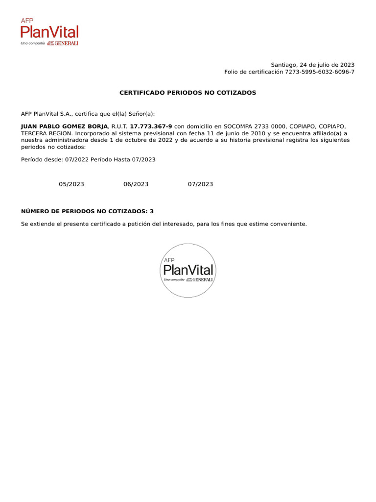 Certificado Periodos No Cotizados | PDF