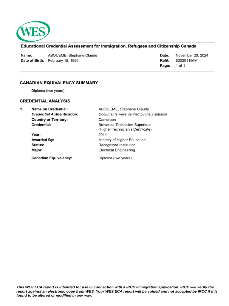 Educational Credential Assessment For Immigration, Refugees and Citizenship Canada | PDF
