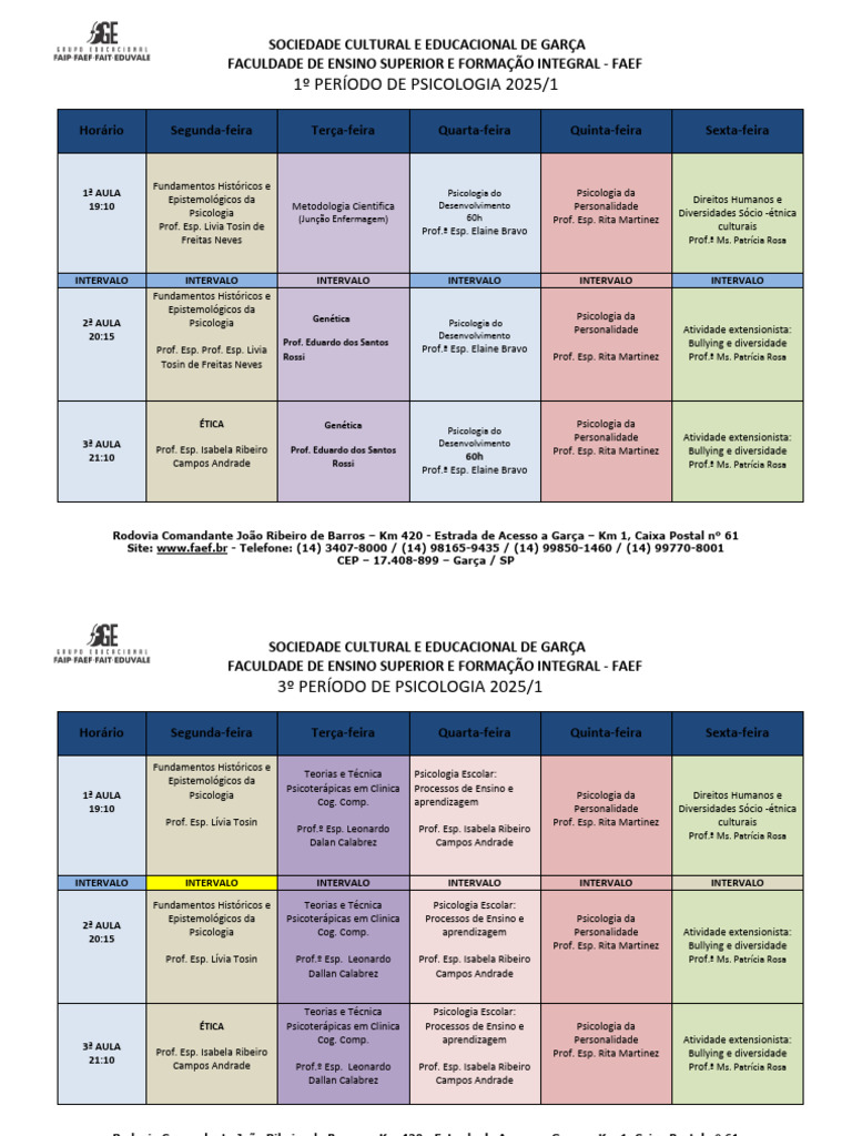 Grade Curricular Psicologia FAEF 2025/1 | PDF | Remédio | Psicologia