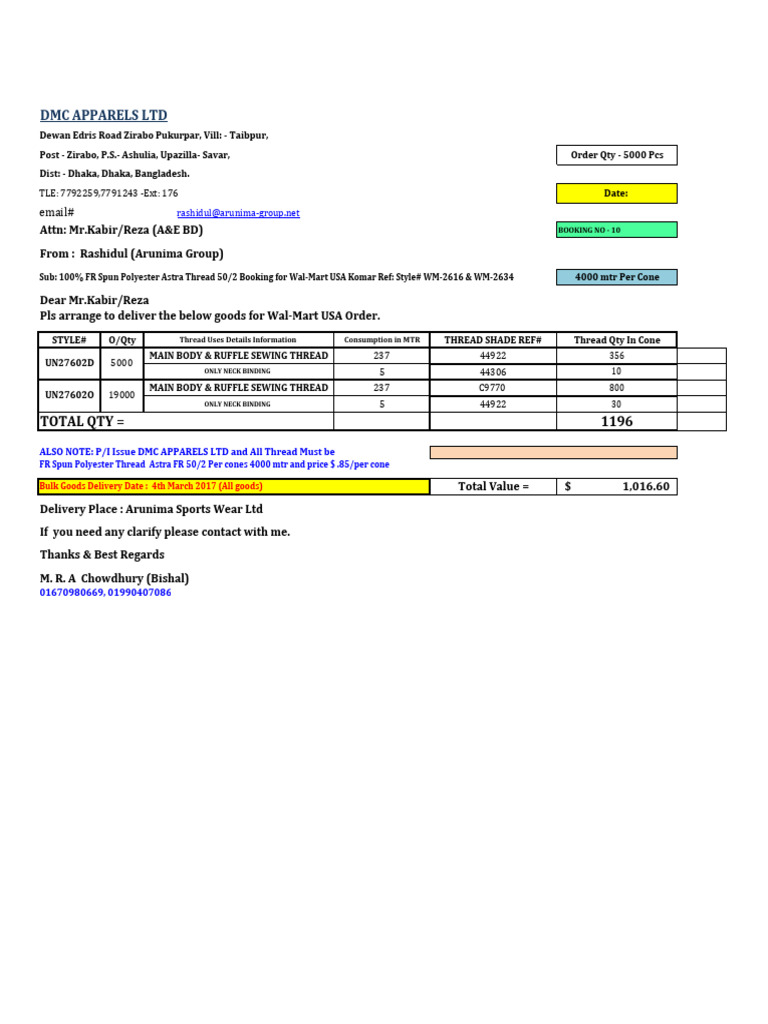 A&E Thread Booking Wal-Mart Ref-WM-2616 & 2634 - 9 | PDF