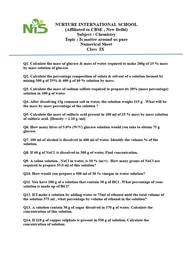 Concentration of Solution Numerical Practice Sheet Class IX | PDF
