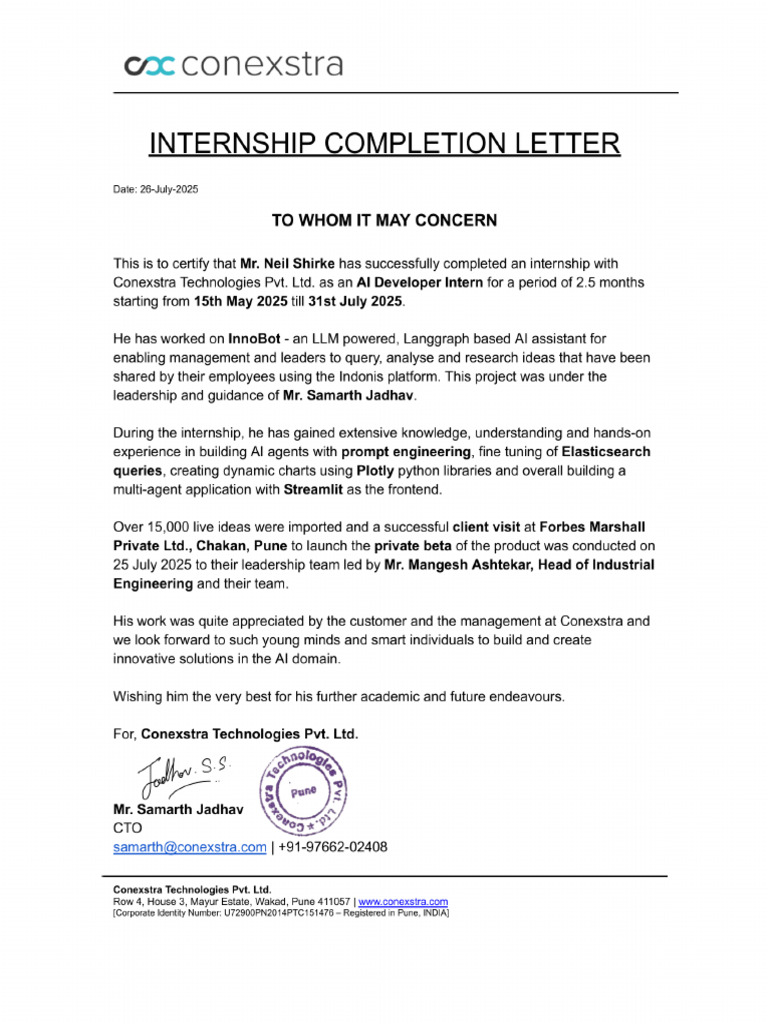 Neil Internship Completion Letter | PDF