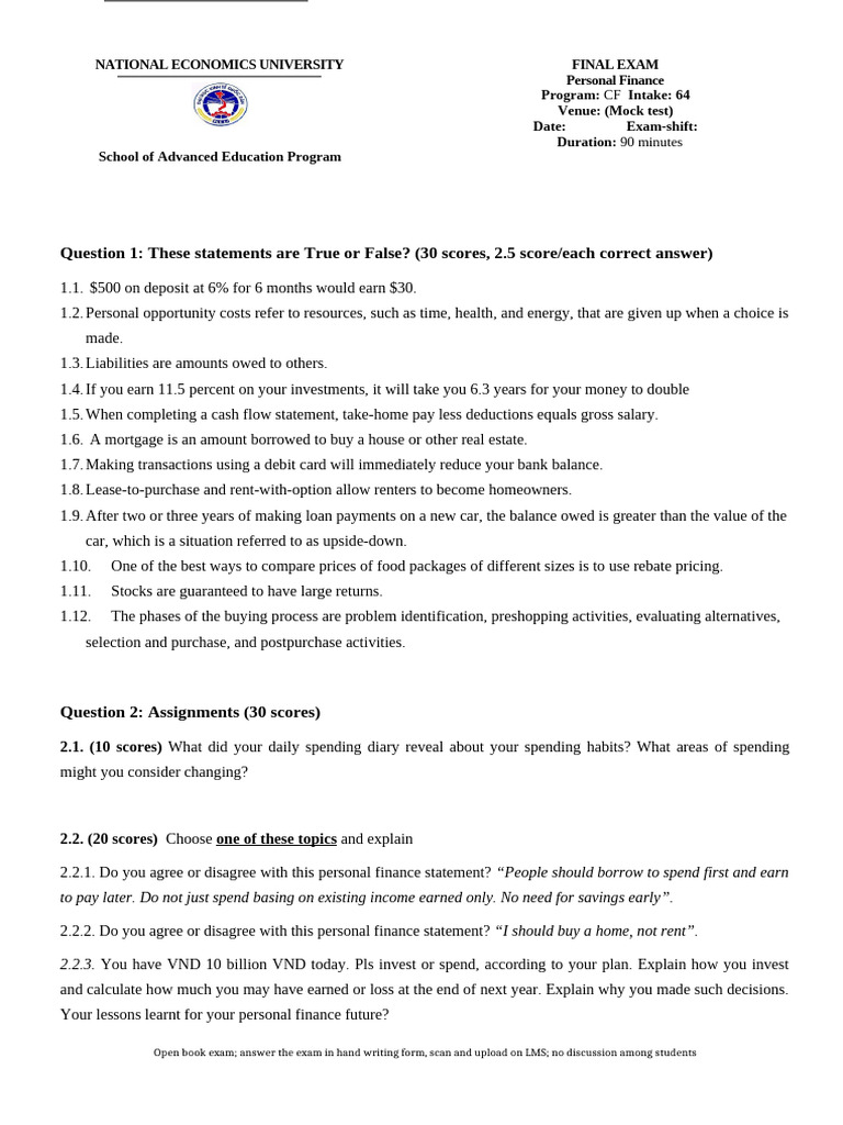 Personal Finance Exam Overview | PDF | Loans | Personal Finance