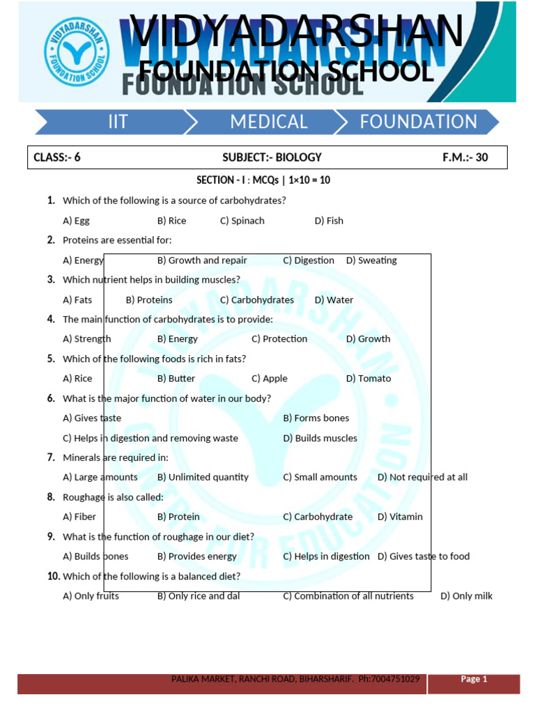 Nutrients and Diet for Class 6 Biology | PDF | Foods | Nutrients