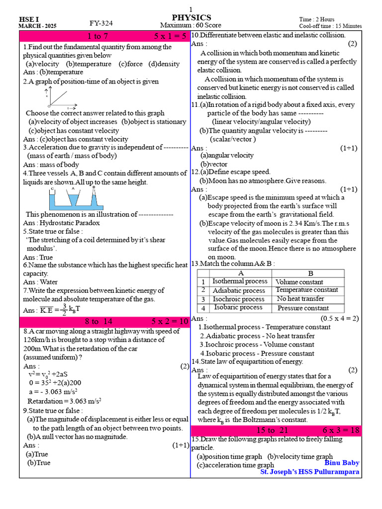 Hsslive Xi Physics QP Key Binu March 2025 | PDF | Velocity | Pressure
