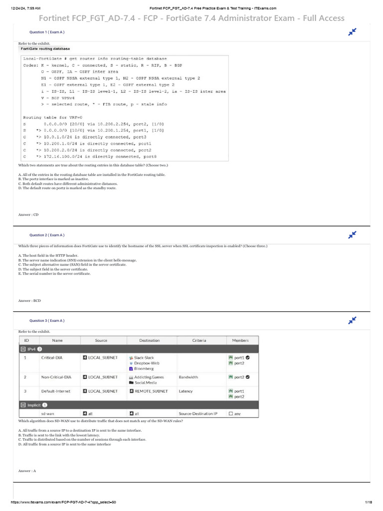 Fortinet FCP - FGT - AD-7.4 Free Practice (1-50) | PDF | Firewall (Computing) | Transport Layer ...