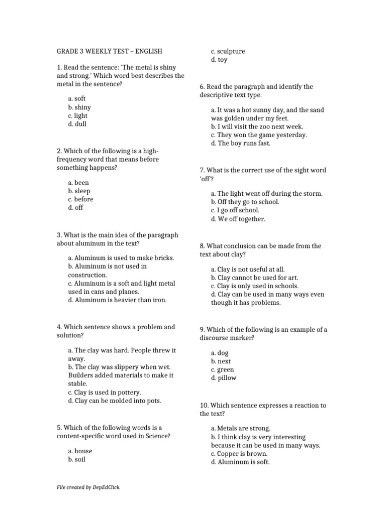 Grade 3 Weekly English Test | PDF | Materials