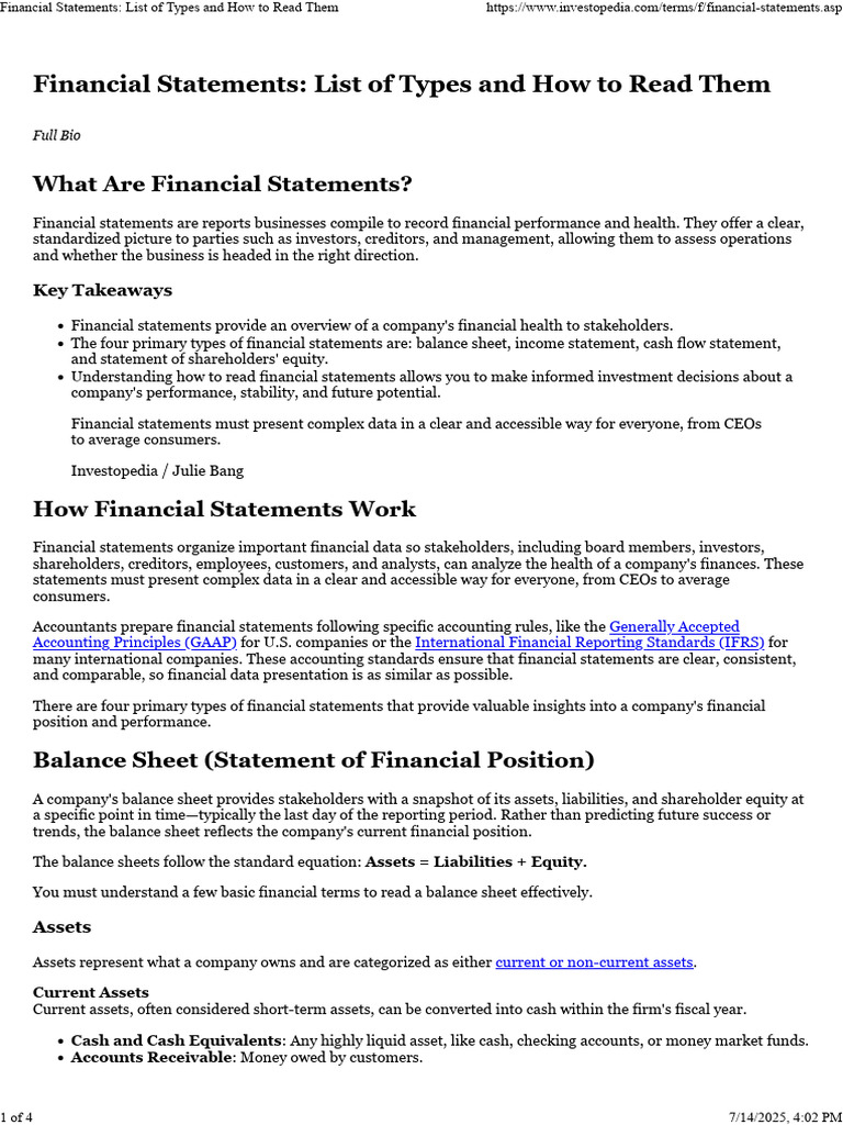 Financial Statements - List of Types and How To Read Them-1 | PDF ...