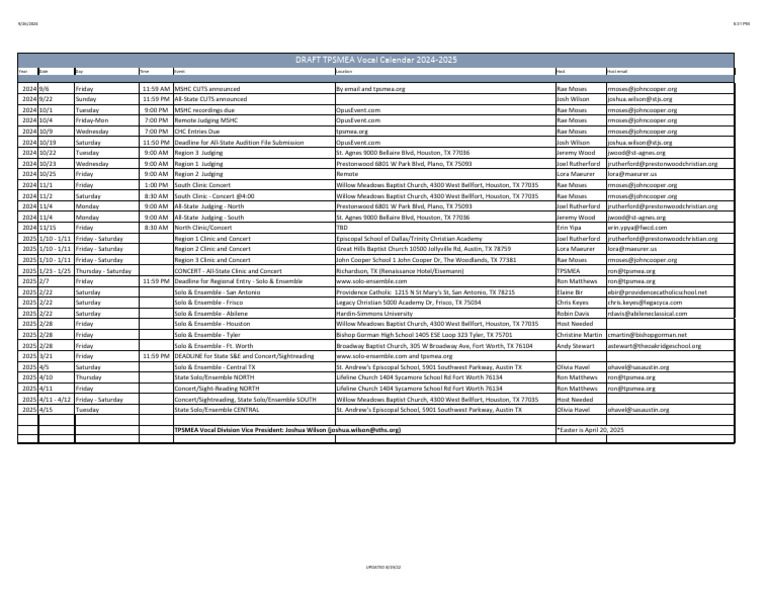 Tpsmea CHC MSHC Vocal Calendar 2024 2025 09262024 | PDF
