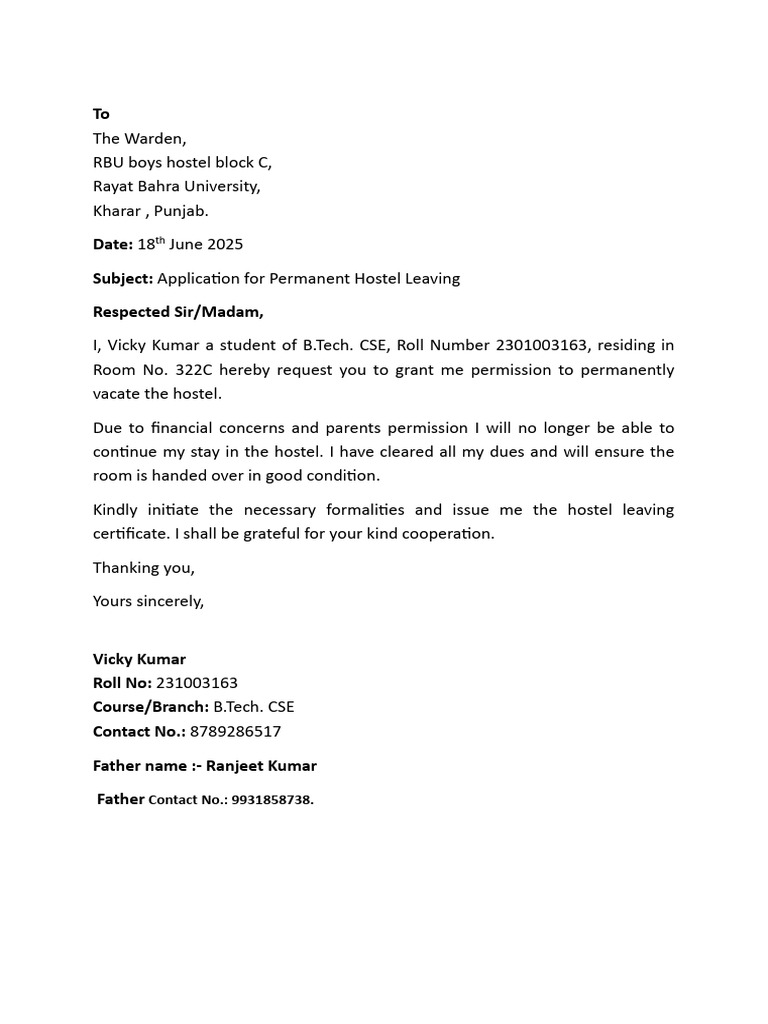 Permanent Hostel Leaving Application | PDF