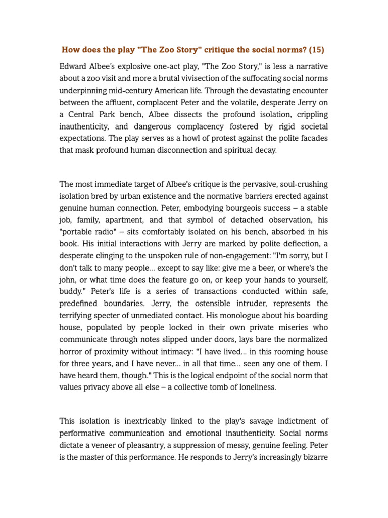 Critique of Social Norms in "The Zoo Story" | PDF | Violence | Narrative