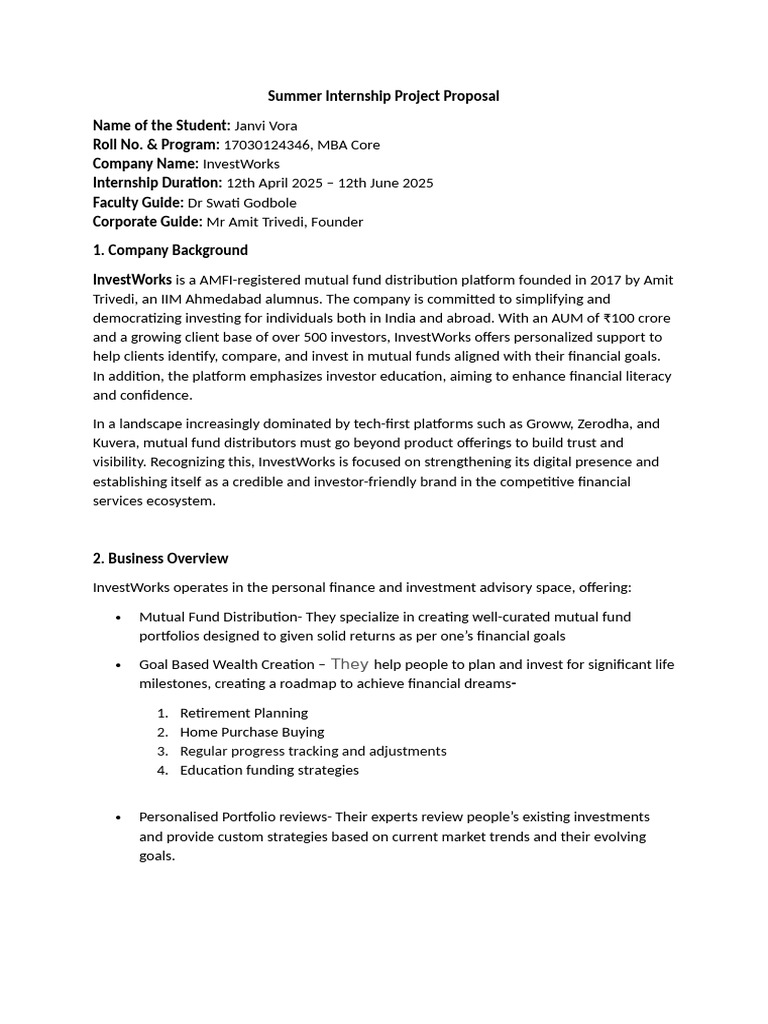 InvestWorks Summer Internship Proposal | PDF | Mutual Funds | Business