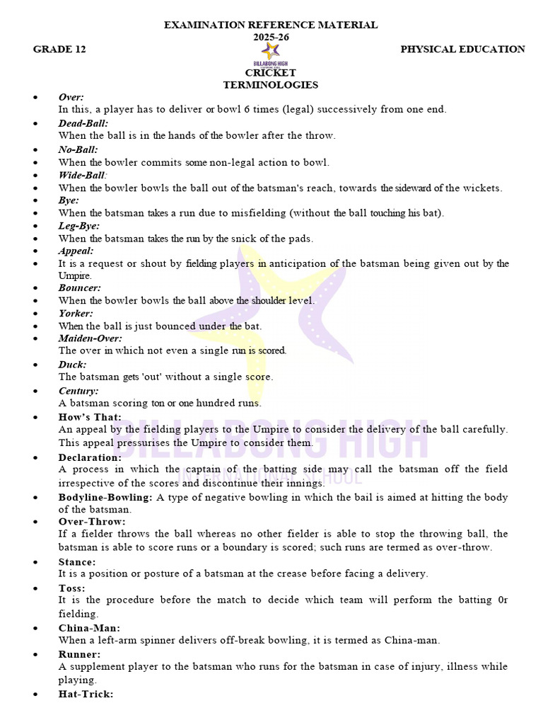 Grade 12 Cricket Terminologies Guide | PDF | Bowling (Cricket) | Cricket