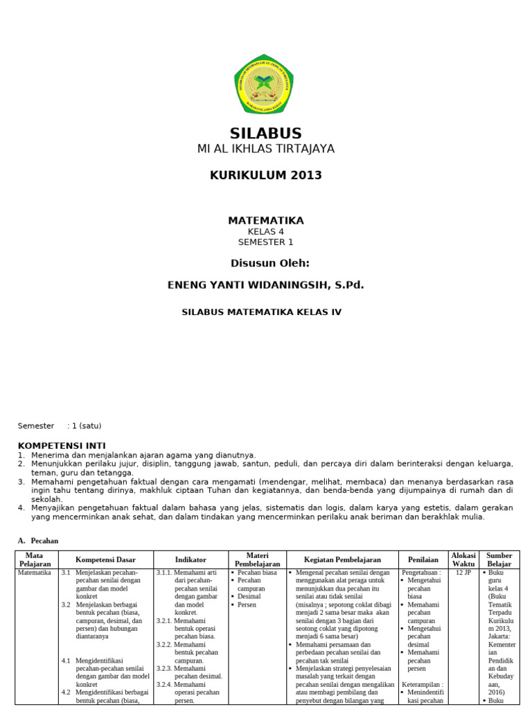 Silabus Matematika 4a | PDF