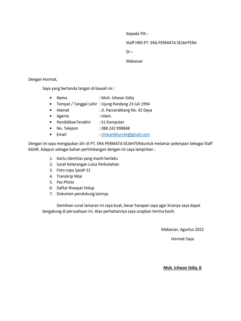 Lamaran Pekerjaan Staff Kasir PT. ERA | PDF