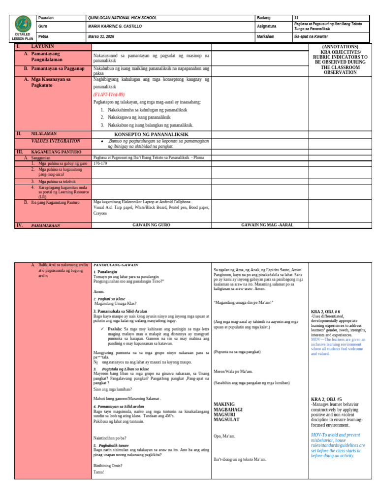 Detailed Lesson Plan - Pagbasa Konsepto NG Pananaliksik | PDF