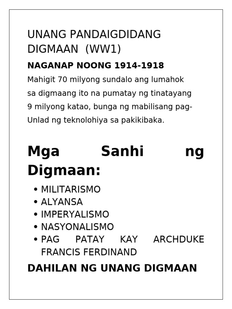 Mga Sanhi NG Digmaan:: Unang Pandaigdidang Digmaan (Ww1) | PDF