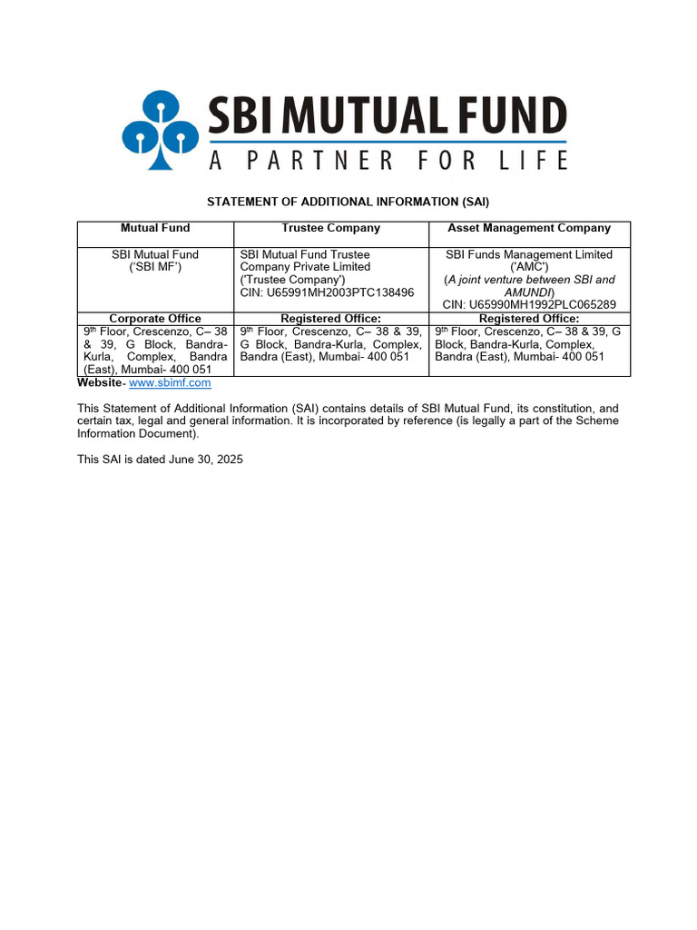SAI SBI Mutual Fund | PDF | Board Of Directors | Mutual Funds