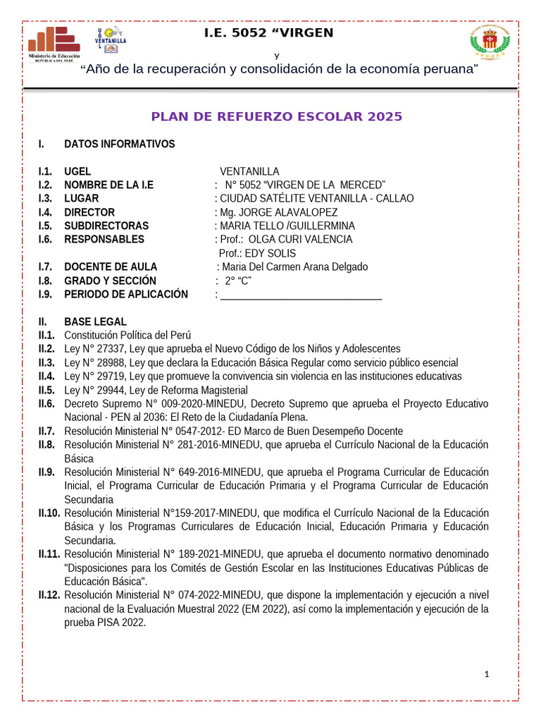 Plan de Aula Refuerzo Escolar 2° C | PDF | Educación primaria | Evaluación