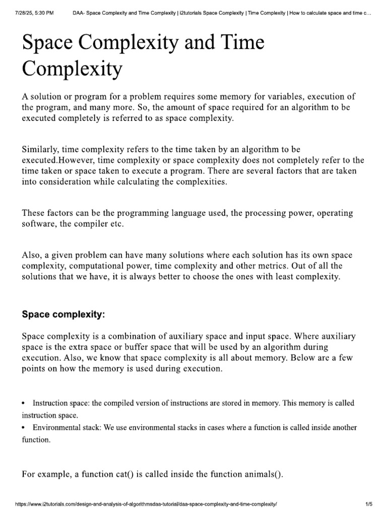 Space Complexity and Time Complexity | PDF