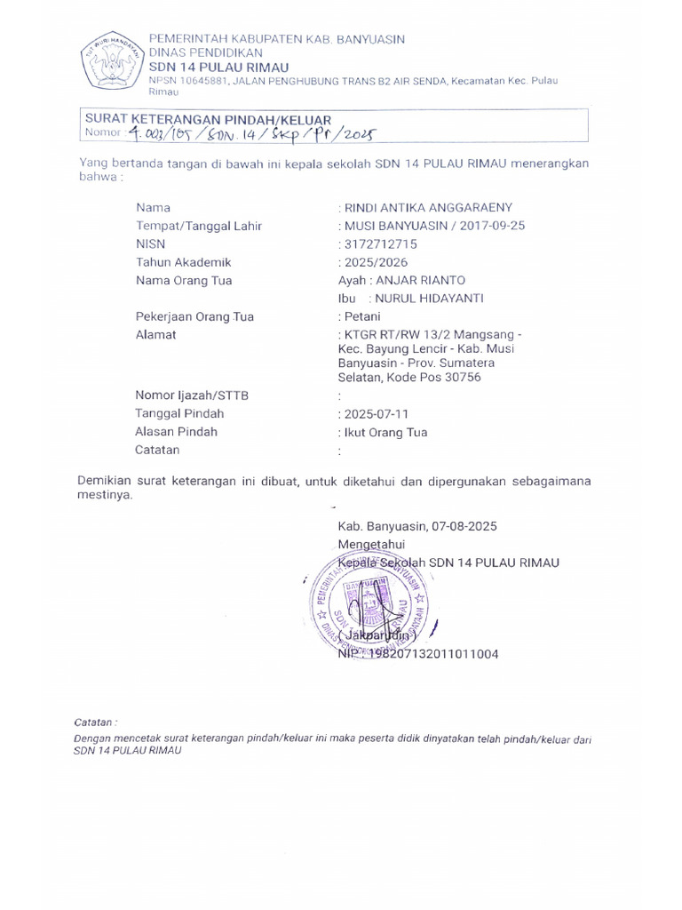 Surat Pindah Rindi | PDF