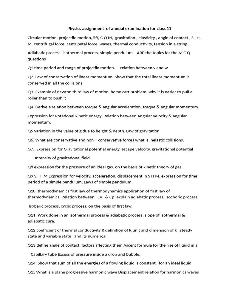 Physics Assignment of Annual Examination Questions For Class 11 2025 | PDF
