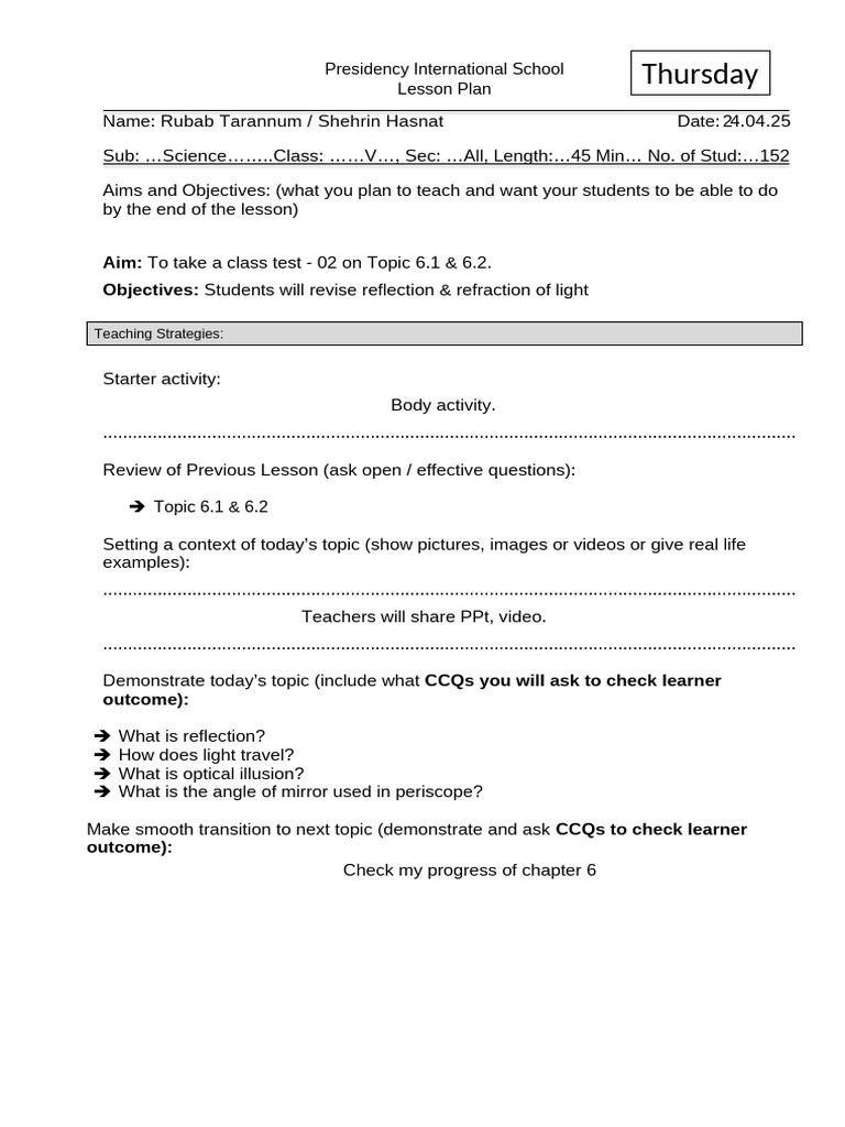 15. Lesson_Plan 24.04.25 Thursday | PDF | Lesson Plan | Pedagogy