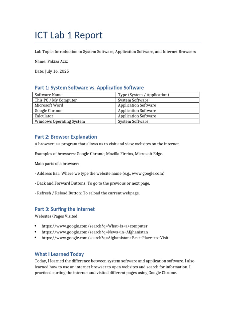 ICT Lab 1 Report Pakiza | PDF