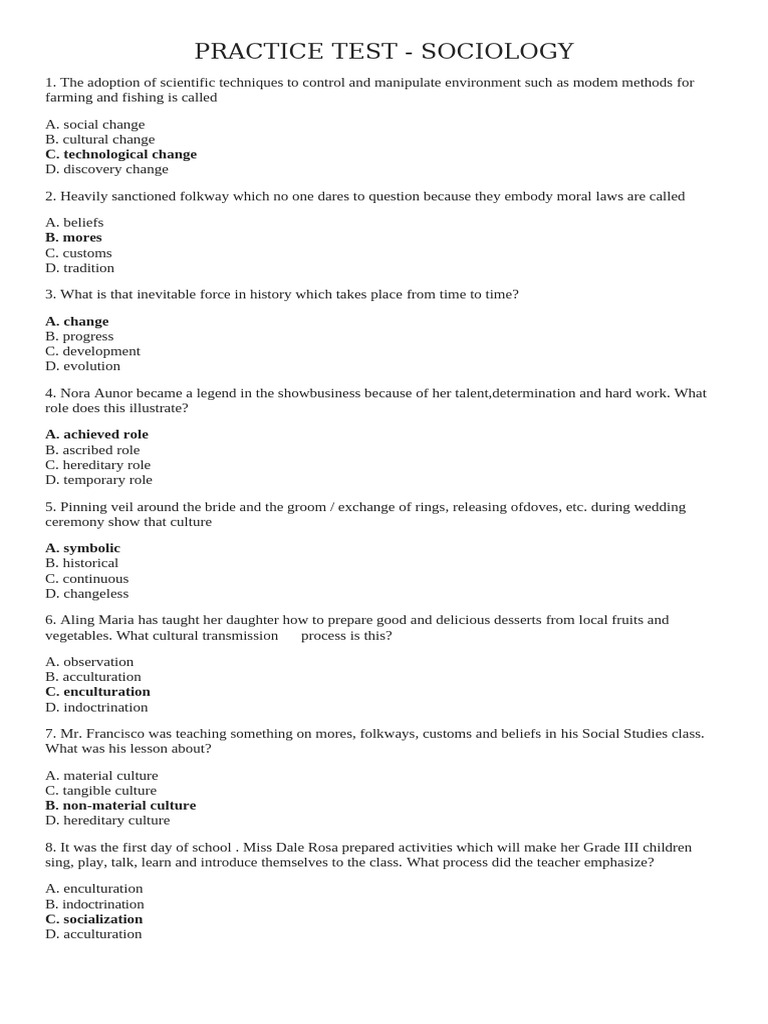 PRACTICE TEST-sociology | PDF | Teachers | Social Psychology