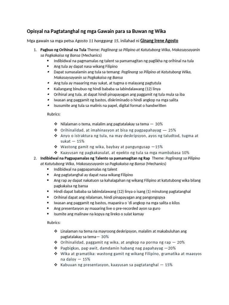Opisyal Na Pagtatanghal NG Mga Gawain para Sa Buwan NG Wika | PDF