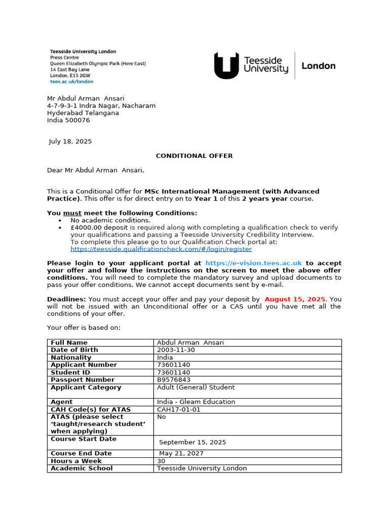 Offer Letter-Teesside University | PDF