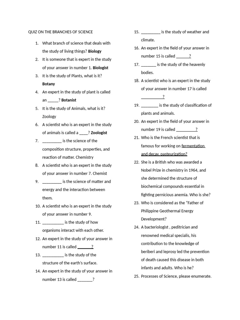Quiz On The Branches of Science | PDF | Zoology | Biologist