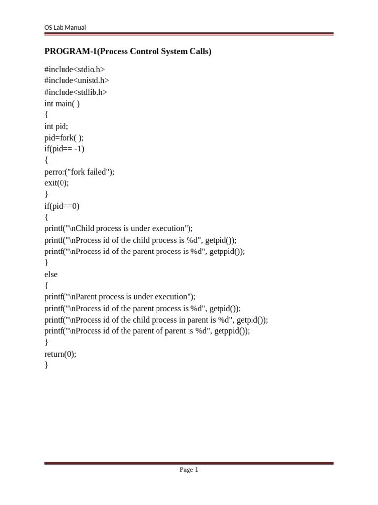 PROGRAM-1 (Process Control System Calls) : OS Lab Manual | PDF