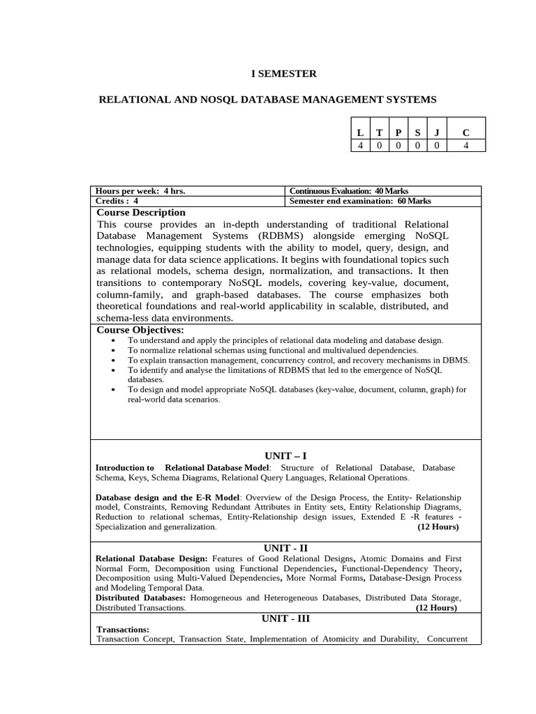 Relational and Nosql Database Management Systems and Its Lab Syllabus | PDF | No Sql ...