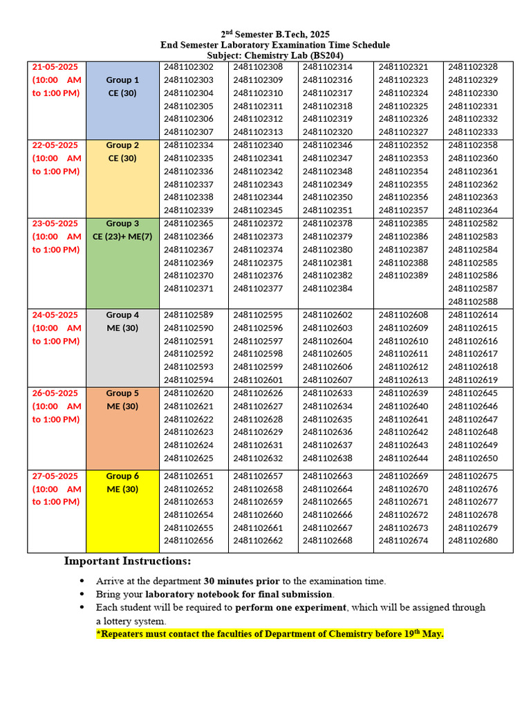Chemistry Lab Exam Schedule 2025 | PDF | Science | Inquiry