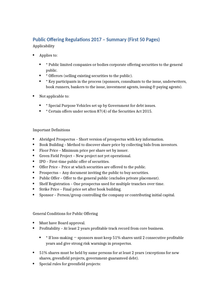 Public Offering Regulations Summary 2017 | PDF | Securities (Finance ...