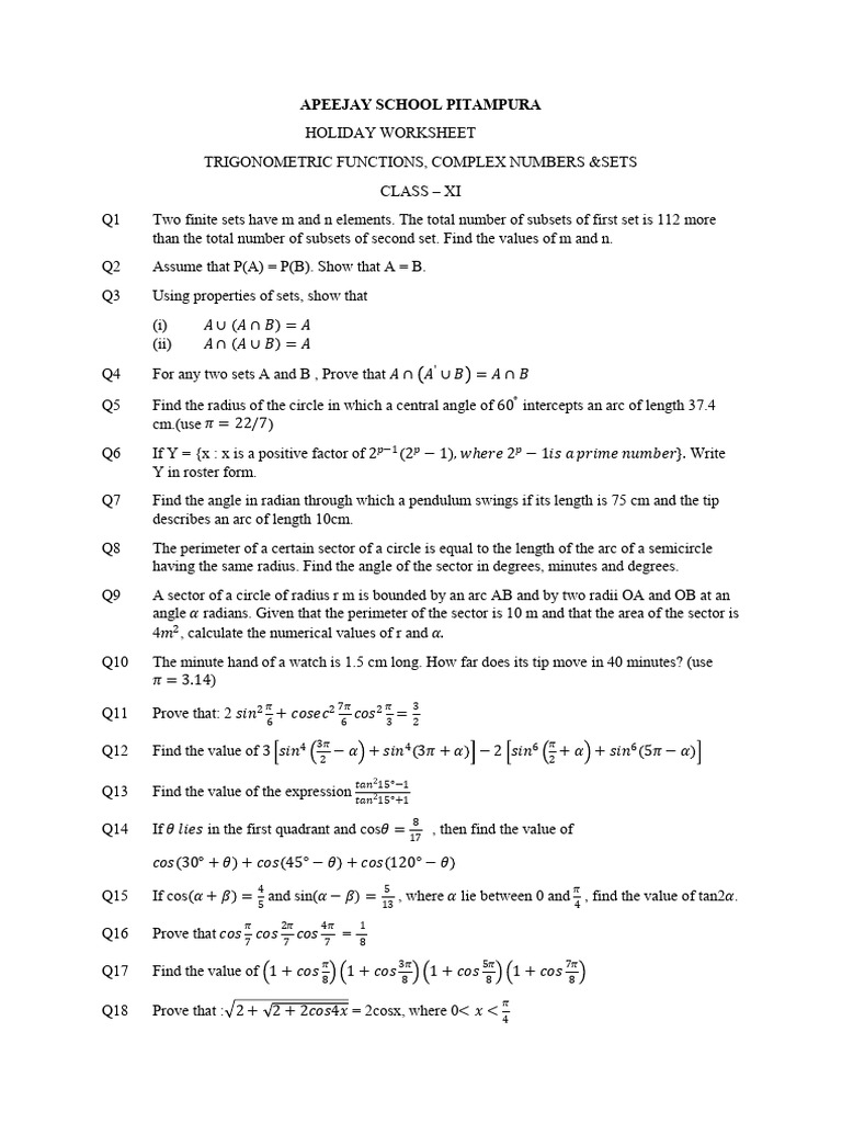 Class XI Trigonometry & Set Theory Worksheet | PDF | Circle | Angle
