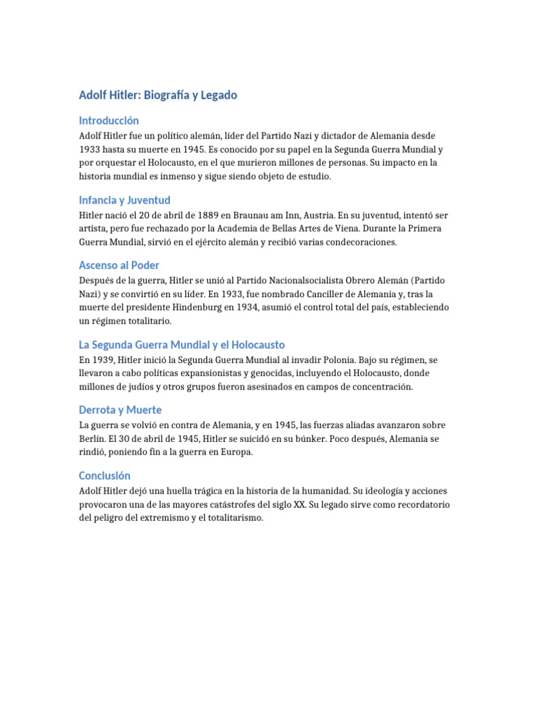 Biografía Completa de Adolf Hitler | PDF