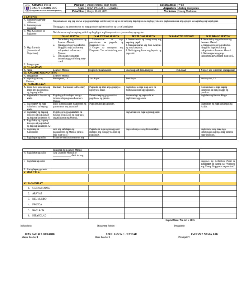Q1 - DLL - Week-1 - SY-25-26 AP8 | PDF